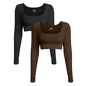 OQQ Women's 2 Piece Crop Top Ribbed Seamless Workout Exercise Long Sleeve, Black,coffee, Small