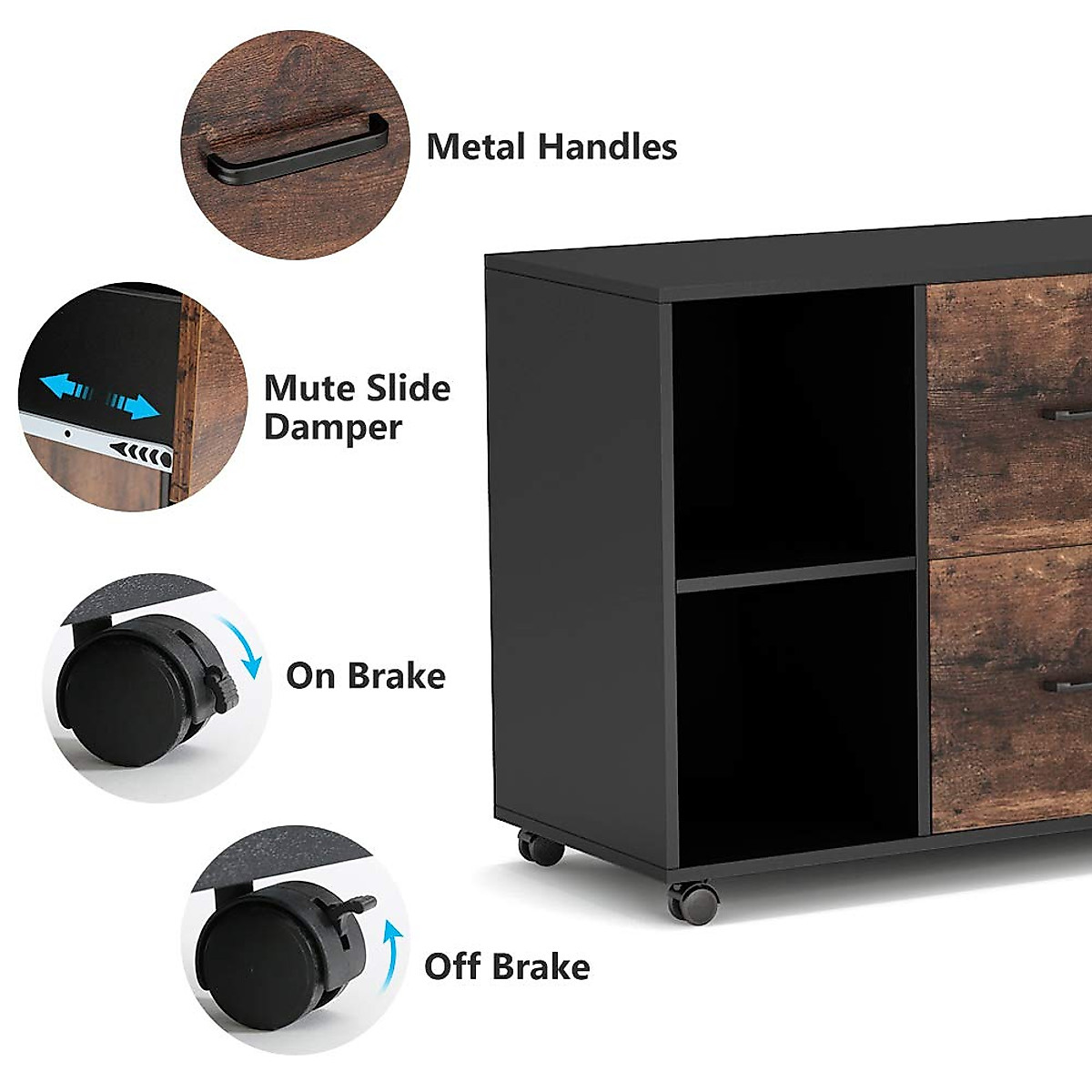 Tribesigns 2 Drawer File Cabinet, Large Mobile Lateral Filing Cabinet for Letter Size, Printer Stand with Storage Shelves and Rolling Wheels for Home Office (Black/Rustic)