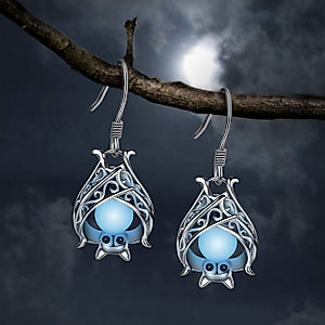 Cute Bat Earrings Sterling Silver Glowing in The Dark Animal Dangle Earring Little Witchy Vampire Halloween Jewelry Gift for Girl Teens (White)