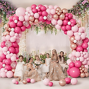 Grcypa 148pcs Pink Balloon Garland Arch Kit, Hot Pink White Metallic Rose Gold Confetti Balloons for Princess Theme Party Decorations Girl Birthday Baby Shower Bridal Wedding Valentine's Decorations