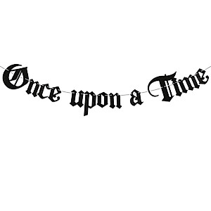 Pre-Strung Once Upon a Time Banner, Gothic Letter Bridal Shower Party Bunting Sign, Funny Wedding Engagement, Birthday, Bachelorette Party Decors Supplies Black Glitter