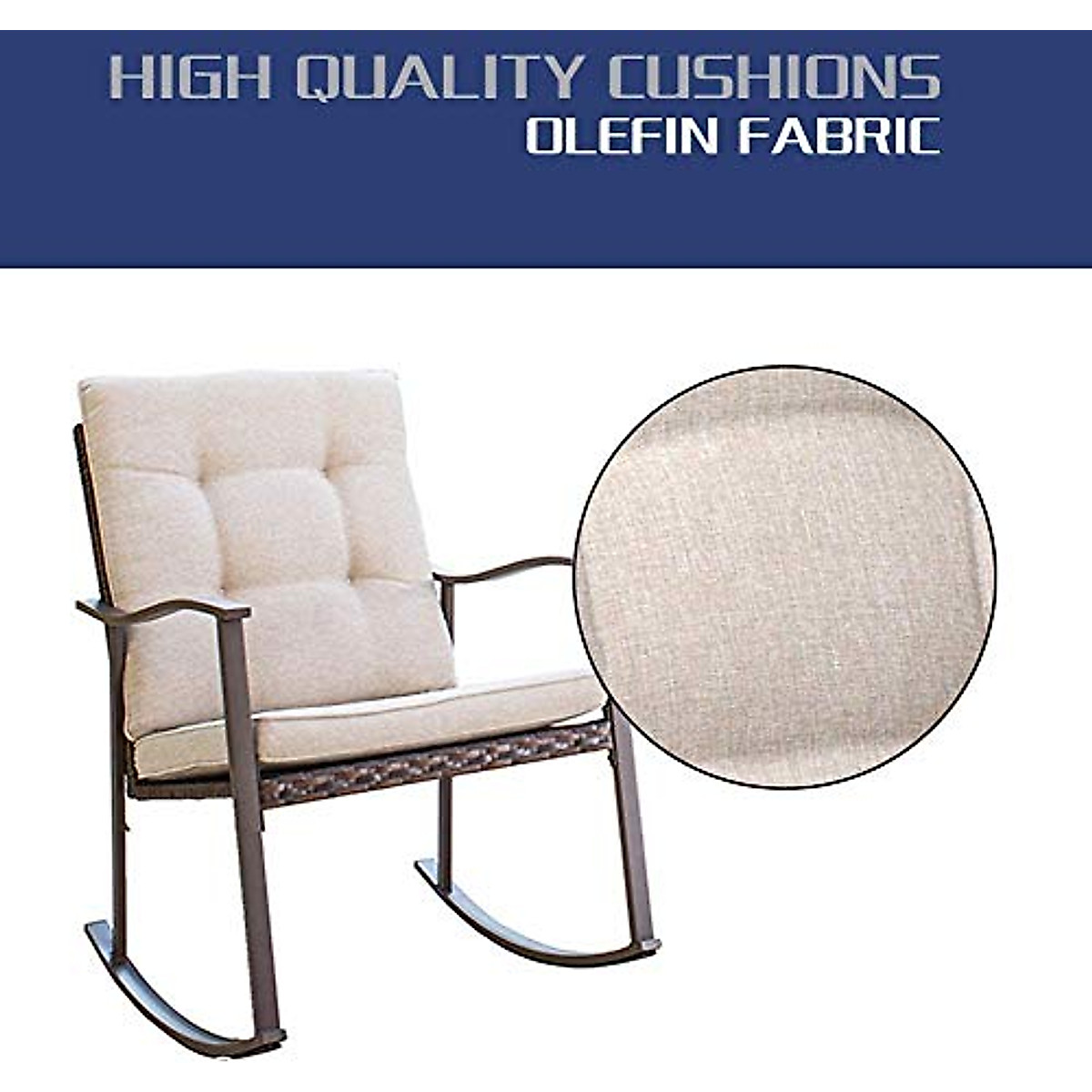 Skiway 3 Piece Outdoor Rocking Chair Set, Patio Brown Wicker Rattan Rocker, Cushioned Bistro Higher Back Rocking Chairs Set of 2 with Glass Table