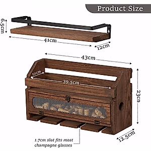 TRSPCWR Wall Mounted Wine Rack and Shelf Set of 2, Wood Rustic Floating Shelf, Wine Bottles & Glasses Holder with Cork Storage Store, Wine Decor and Storage Holder for Kitchen Dining Room Bar