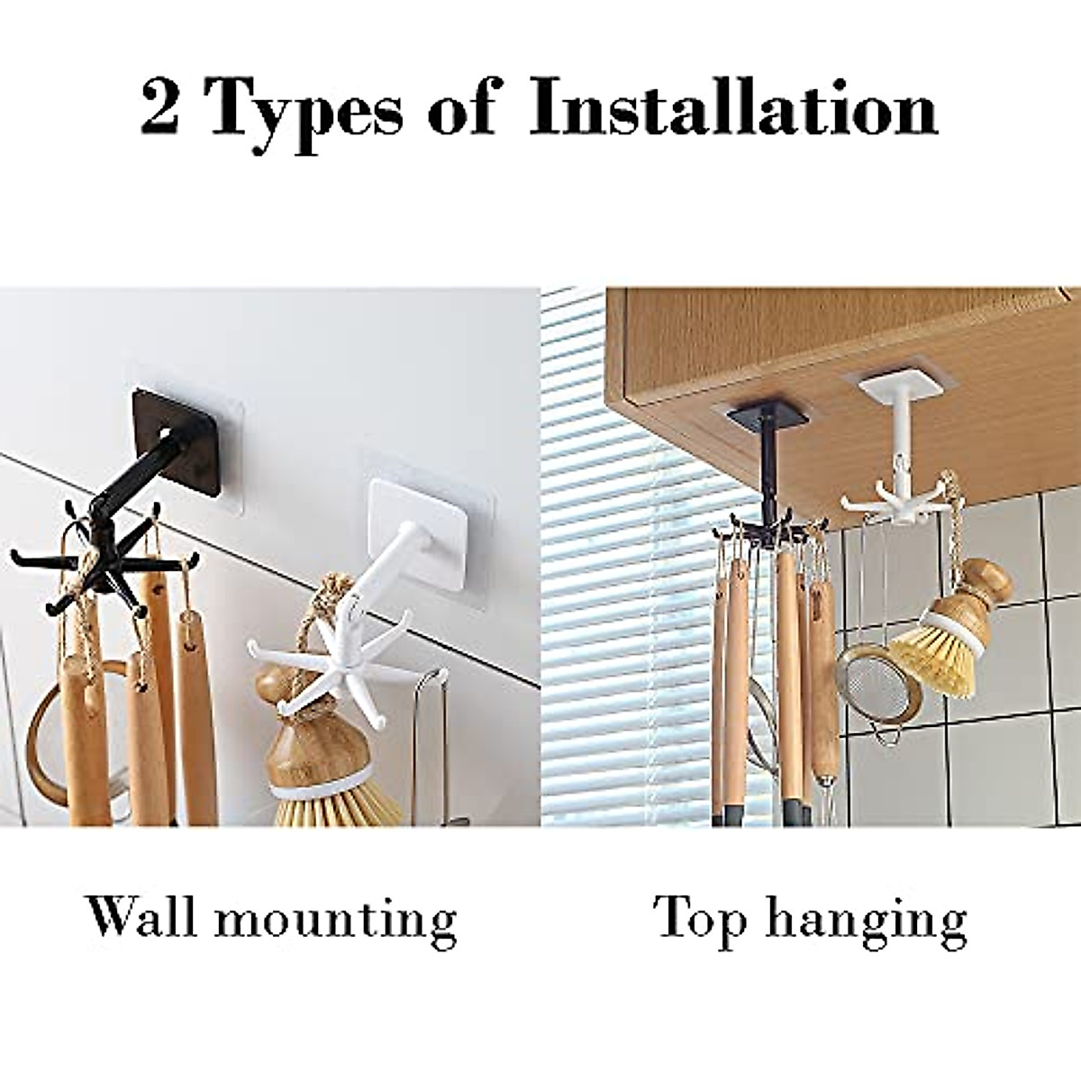 365Home Hanging Utensil Holder Hooks Kitchen Utensil Hanger Wall Mount 360 Degrees Rotating Folding Hook Self Adhesive Hook Utensil Rack with 6 Hooks for Kitchen Bathroom Cabinet (4 Black)