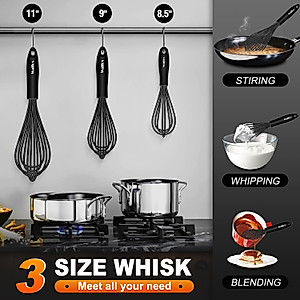Walfos Silicone Whisk, Stainless Steel Wire Whisk Set of 3 -Heat Resistant Kitchen Whisks for Non-stick Cookware, Balloon Egg Beater Perfect for Blending, Whisking, Beating, Frothing & Stirring, Black