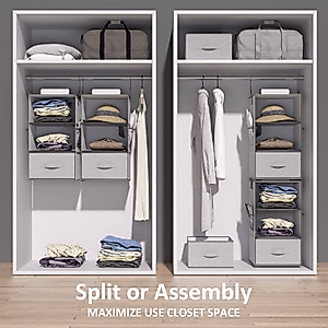 YOUDENOVA Hanging Closet Organizers and Storage, Two 3-Shelf Closet Hanging Shelves with Drawers, Canvas, Beige