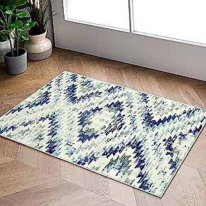 Lahome Washable Boho Bathroom Rug, Blue 2x3 Kitchen Rug with Rubber Backing Soft Entry Rugs, Southwestern Geometric Non Slip Bath Mat Floor Carpet for Laundry Bedroom