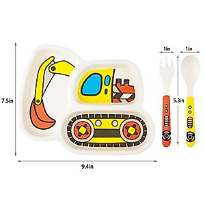 Kids Plate Set, Included Plate Fork and Spoon 3-Piece Set - Toddler Plates Dinnerware Dinner Dish Set Baby Feeding Divided Plate - Child Portion Control Bamboo Eco-Friendly (Excavators)