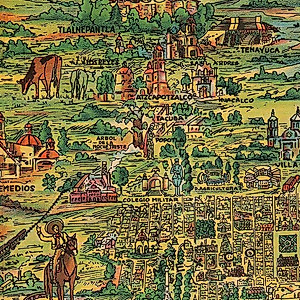 Antiguos Maps Valley of Mexico, Mexico City Pictoral Map c. 1930 - Mapa Pintoresco del Distrito Federal Yalre Dedores - measures 24 inches x 36 inches (610 mm x 915 mm)