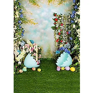 5x7ft Spring Easter Backdrops for Photography Rabbit Colorful Eggs Flower Wooden Wall Grass Backdrop Baby Shower Photo Background Kids Newborn Birthday Party Banner Decorations Studio Booth Props