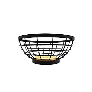 Large Wooden Fruit Bowl for Kitchen Countertop & Dining Room, Decorative Wooden Wire Basket for Living Room- ShinYik Japanese Zakka Style with Bamboo Wood and Rust Resistance Black Iron