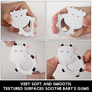 AmazingM Baby Food Grade Silicone Teether Toy with Pacifier Clip Holder,Teething Pain Relief Toys Gift Set for 3 Months+ Boys and Girls,Freezer Safe,BPA Free (Cow)