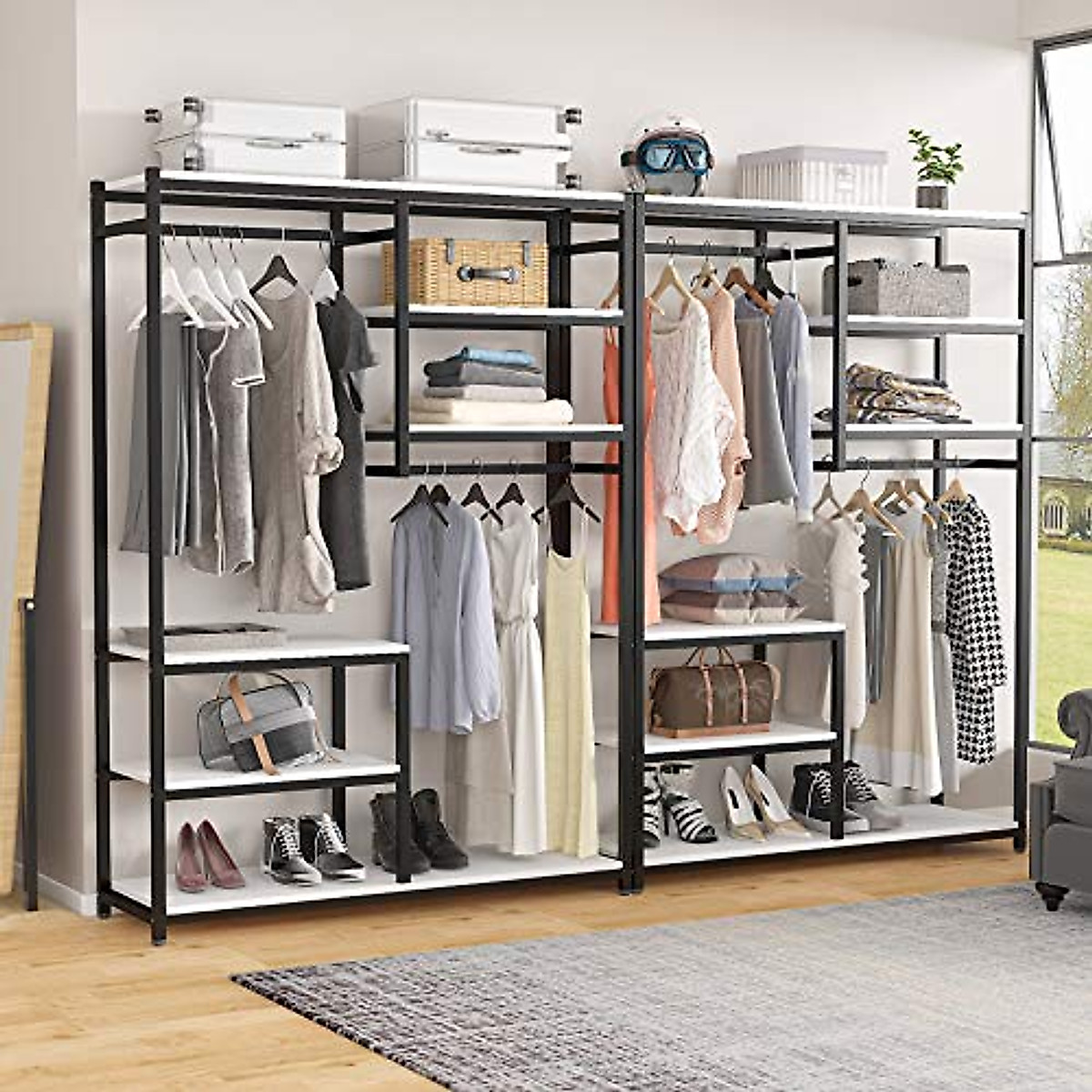 Tribesigns Free-standing Closet Organizer with 2 Hanging Rod, Garment Rack with 5 Storage Shelves for Bedroom (White)