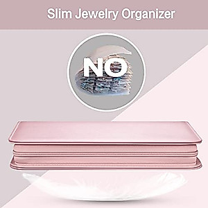 SKYREH Jewelry Travel Organizer Case, PU Leather Portable Jewelry Storage Book with Transparent Pockets Zipper Bag for Necklaces, Earrings, Bracelets (48 Grids + 48 Thicken PVC Bags), Rose Gold