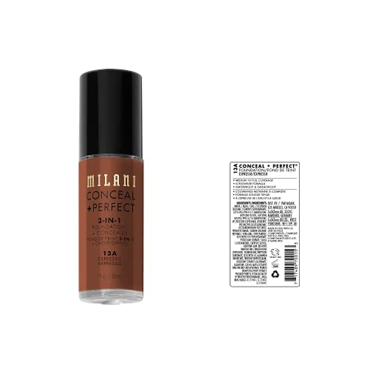 Milani Conceal + Perfect 1 Fl. Oz. Espresso Liquid Foundation - Cover Under-Eye Circles, Blemishes & Skin Discoloration for a Flawless Complexion