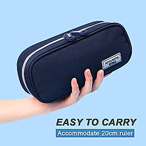 LELE LIFE Big Capacity Pencil Case with 3 Compartments, Double Zipper Sturdy Canvas Pen Case, Pencil Bag Stationery Pouch for School Students Office, Blue