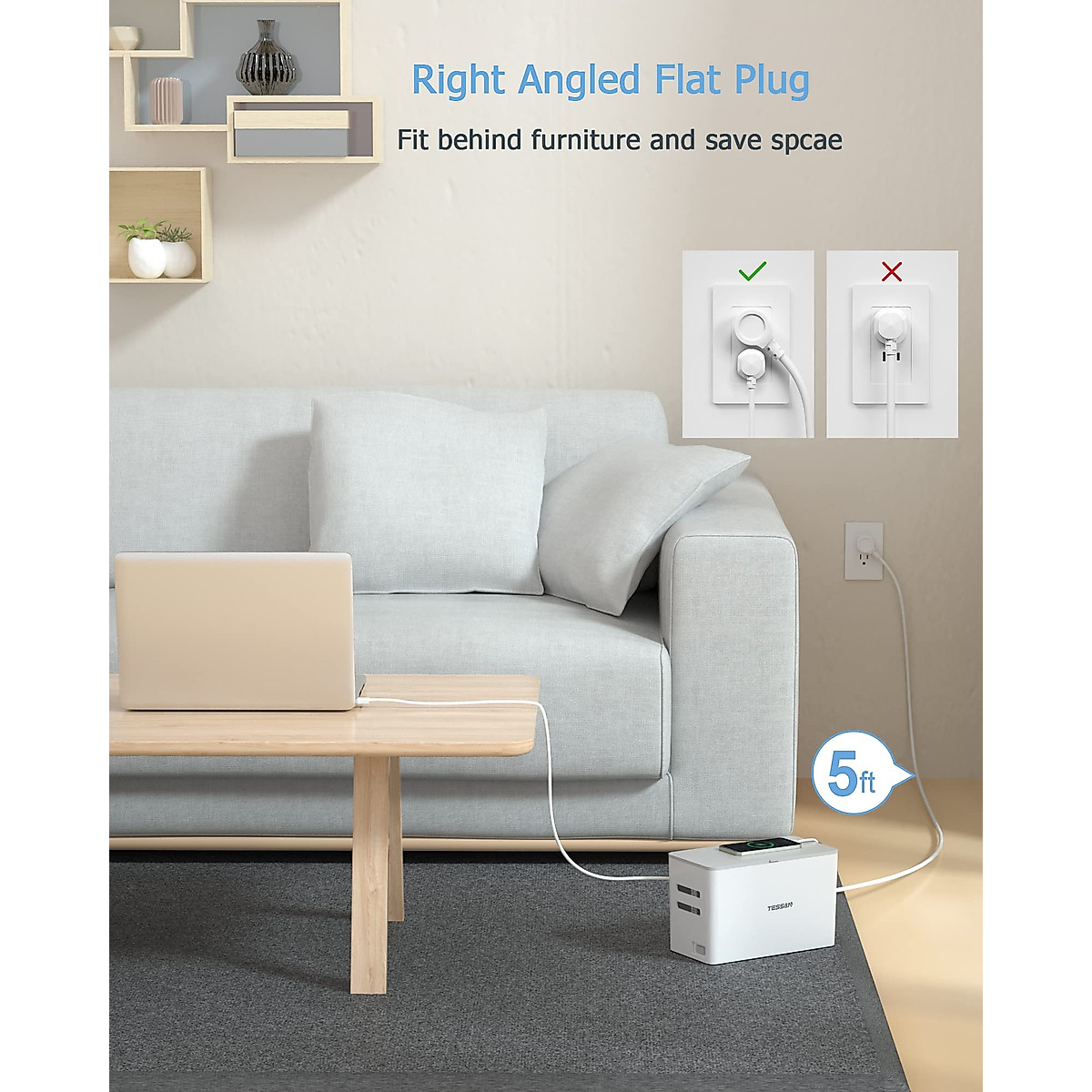 Power Strip with Cable Management Box, TESSAN 5 ft Flat Plug Extension Cord, 4 Outlets 2 USB Ports with Overload Switch, Mountable White Power Cord Organizer Charging Station for Dorm, Office, Home