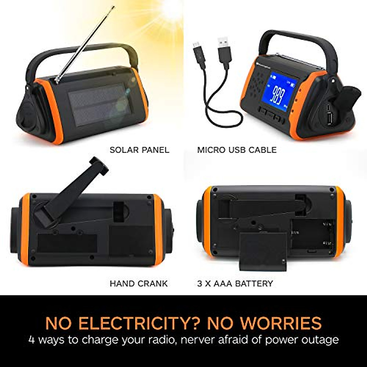 DaringSnail 4000mAh Emergency NOAA Weather Alert Radio, Hand Crank Solar Radio with Battery Operated, LCD Display, AUX Music Play, Flashlight, SOS Alarm, Emergency Phone Charger for Outdoor Emergency
