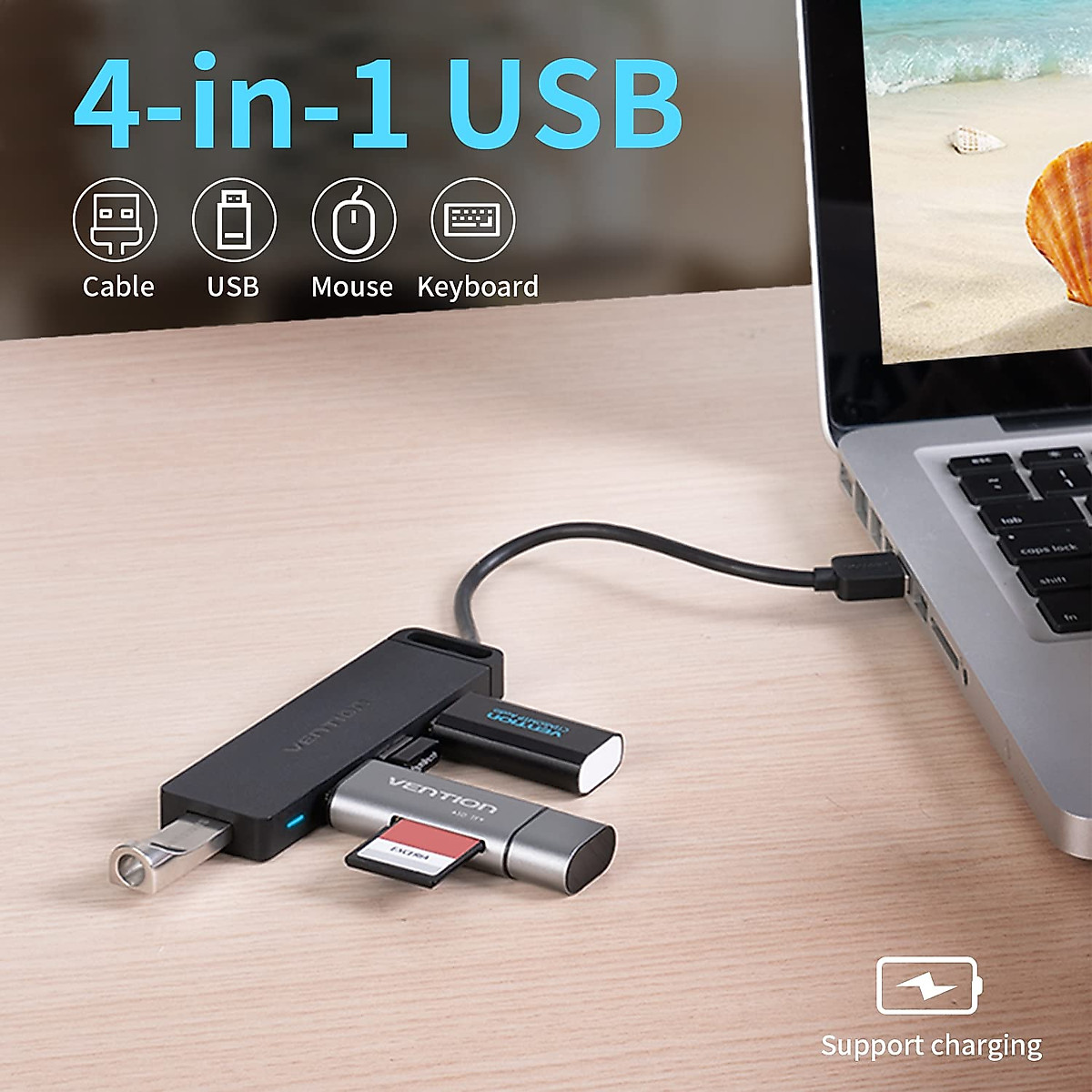 VENTION USB 3.0 Hub, 4 Ports USB Hub Ultra-Slim Data USB Hub 0.5FT Extended Cable [Charging Supported], Compatible with MacBook, Laptop, Surface Pro, PS4, PC, Flash Drive, Mobile HDD (0.15m/0.5ft)