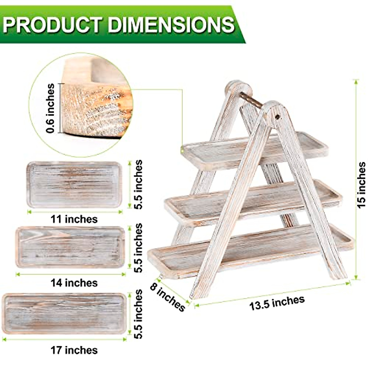 MHM 3 Tier Serving Tray Farmhouse Rustic Gray Wooden 3-Tier Serving Tray - 3 Tier Cupcake Stand Collapsible White Grey Rustic Serving Tray for Parties and Picnics