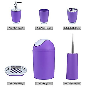 Yosoo 6 Piece Bathroom Accessory Set, Plastic Gift Set Toothbrush Holder Toothbrush Cup Soap Dispenser Soap Dish Toilet Brush Holder Trash Can Tumbler Straw Set Bathroom, Purple