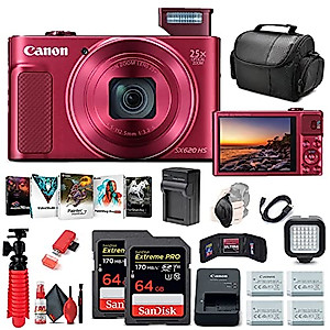 Canon PowerShot SX620 HS Digital Camera (Red) (1073C001), 2 x 64GB Card, 3 x NB13L Battery, Corel Photo Software, Charger, Card Reader, LED Light, Soft Bag + More (Renewed)