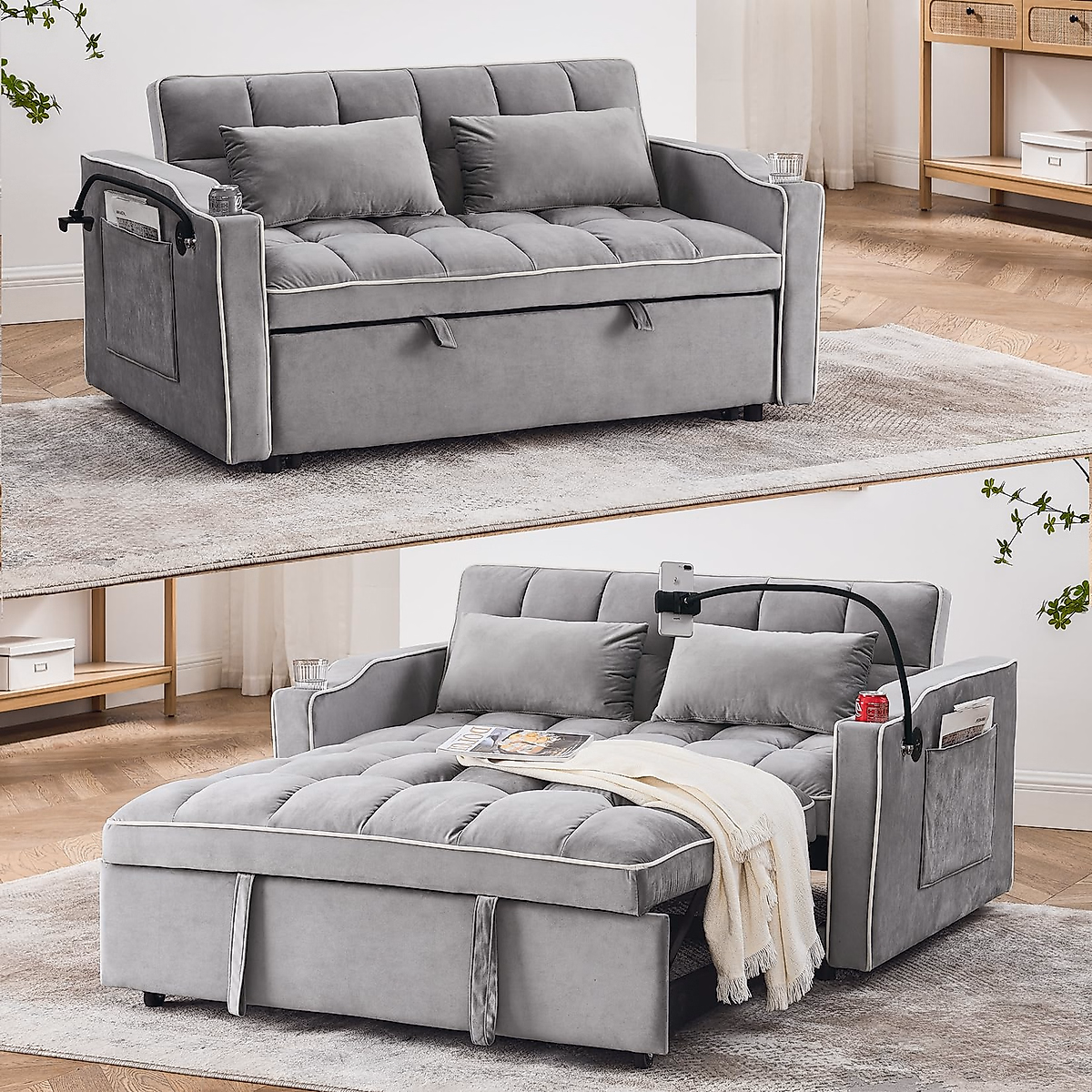 Bellemave Foldable Sofa Bed with Phone Holder, Pull Out Velvet Loveseat Sleeper with 2 USB Charging Ports, Modern Futon Couch with Cup Holders and Adjustable Backrest, for Living Room, Gray