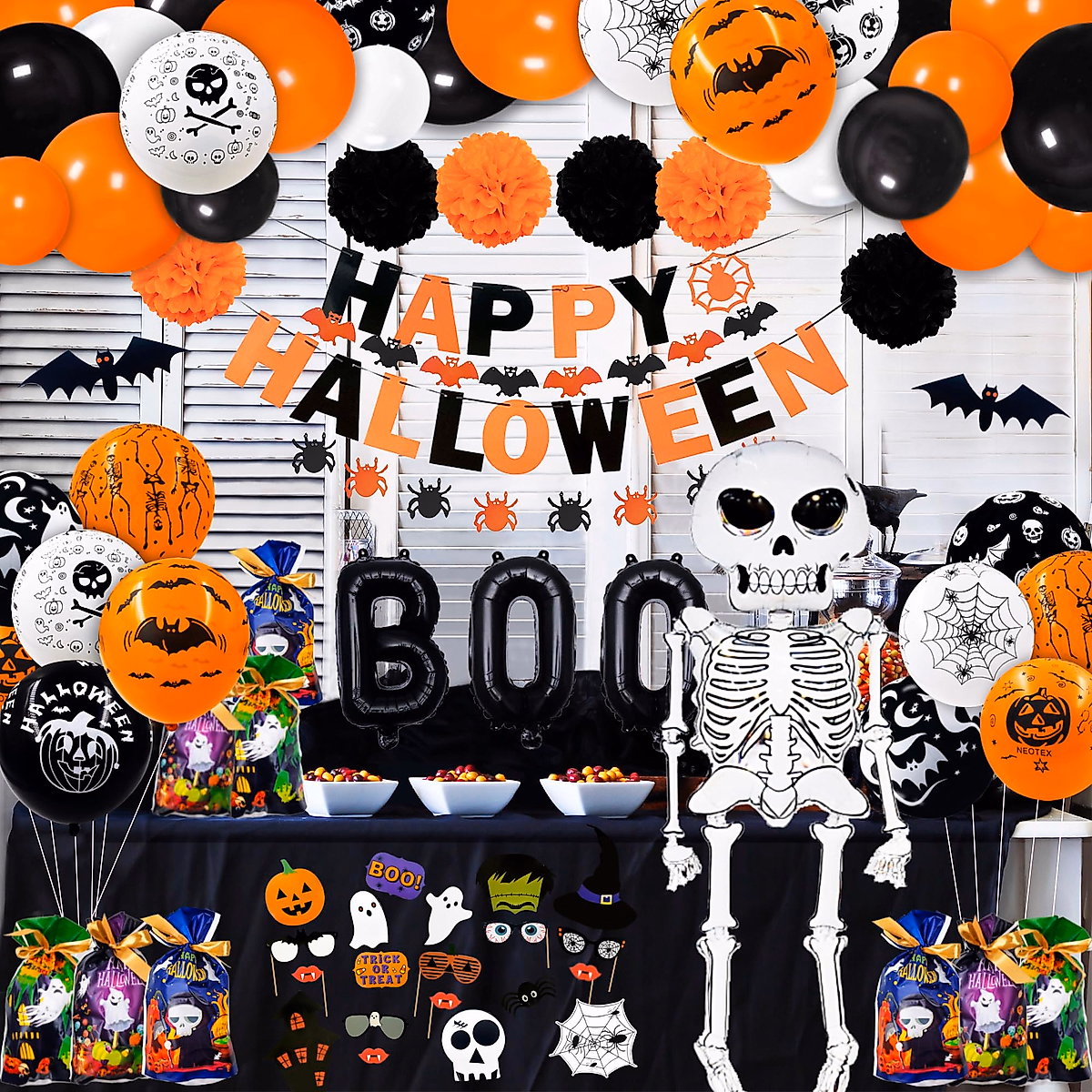 Party Spot! 120 Pcs Halloween Party Decorations, 5 Ft Jumbo Foil Balloon, Happy Halloween Banner, 60 pcs Balloons, Treat or Trick Goodie Bags, Spider Bat Banner,Foil Curtains, Halloween Party Supplies