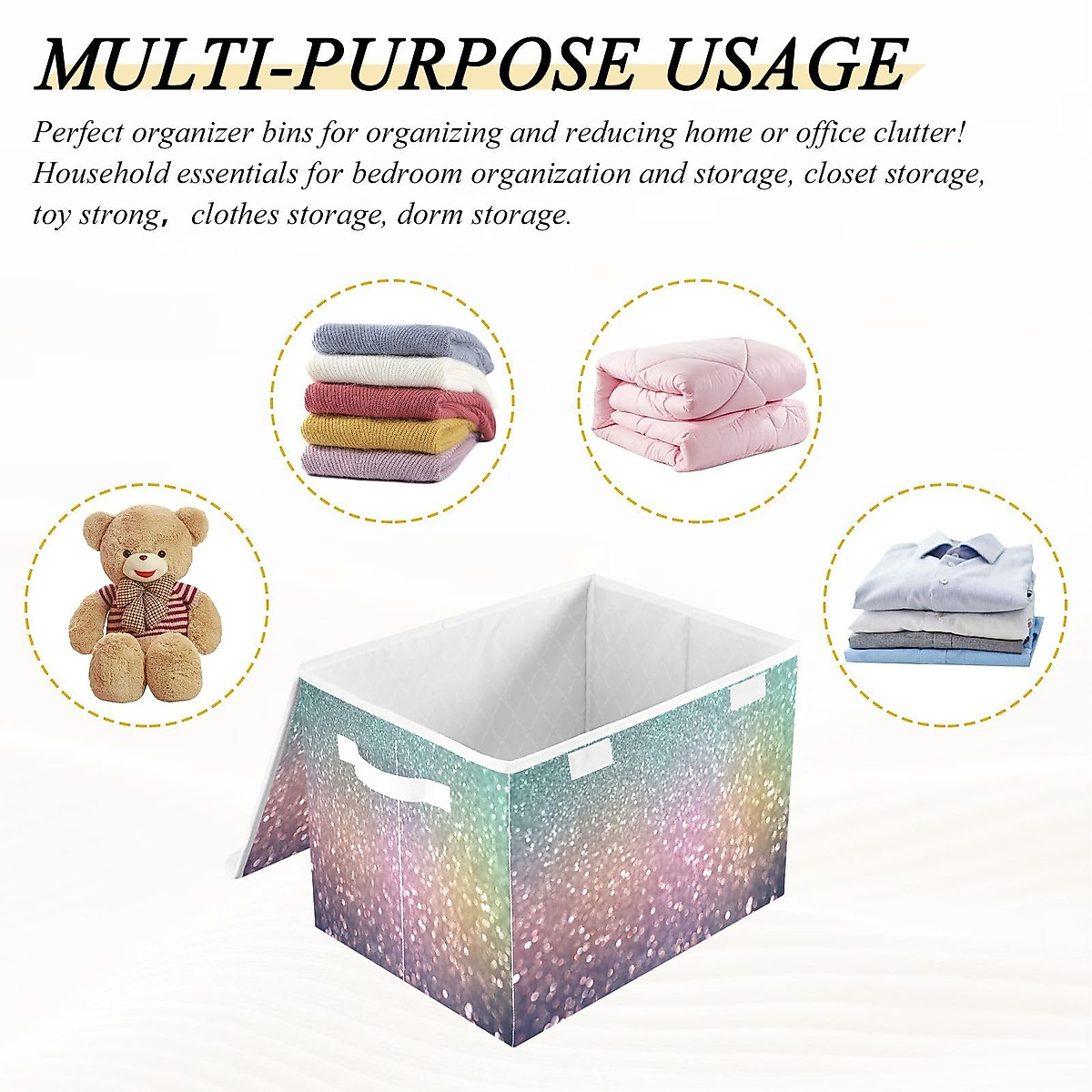 Ollabaky Green Pink Purple Blue Glitter Larger Collapsible Storage Bin Fabric Decorative Storage Box Cube Organizer Container Baskets with Lid Handles for Closet Organization, Shelves