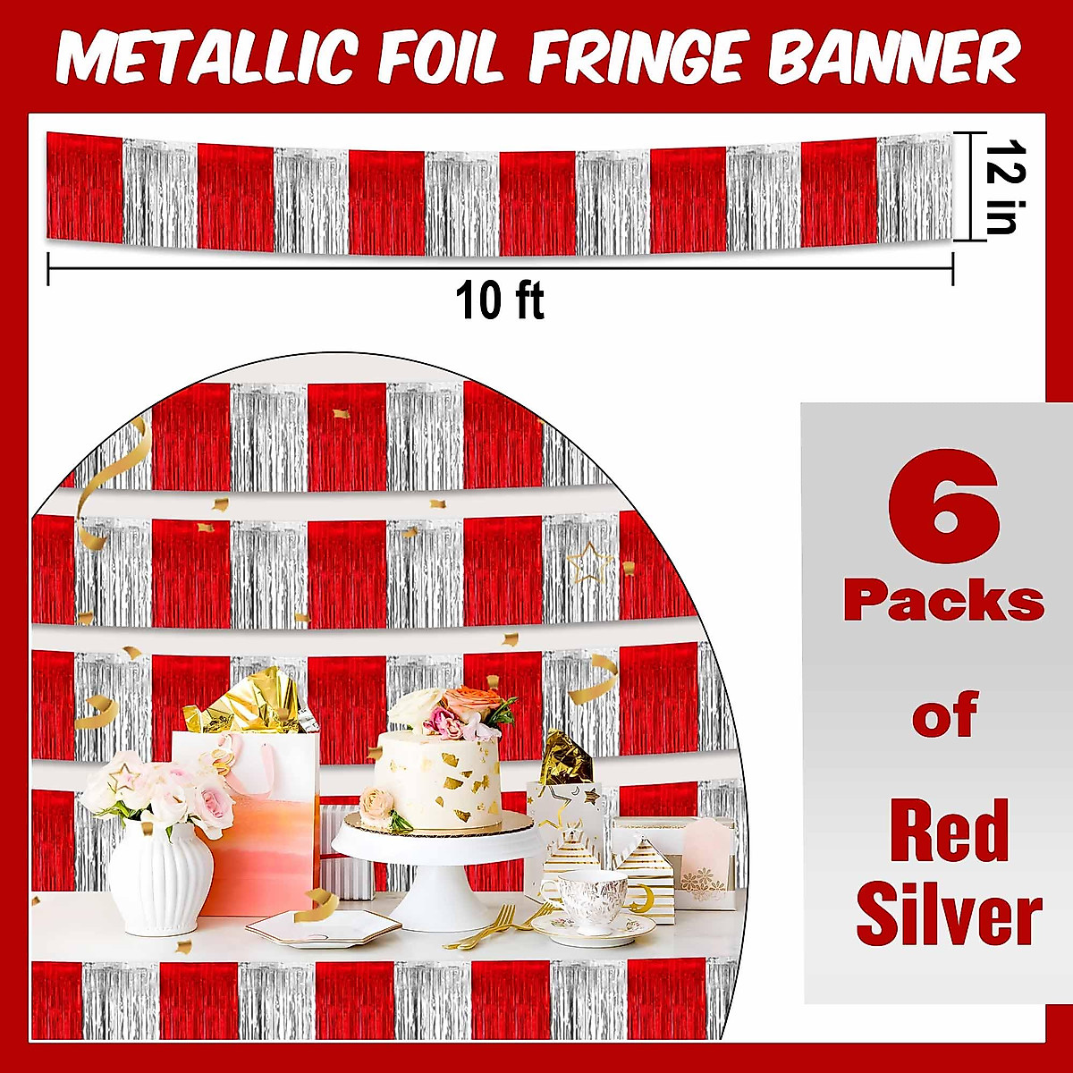 6 Pack 10 Feet Red and Silver Tinsel Foil Fringe Garland, Metallic Streamers Banner Wall Hanging Garland for Parade Floats, Graduation, Birthday, Baby Shower, Disco, Celebration Party Decoration