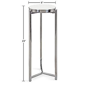 Kate and Laurel Aguilar Glam Drink Table, 8" x 8" x 23", Silver and White, Transitional Tea Table and Plant Stand with Marble Tabletop