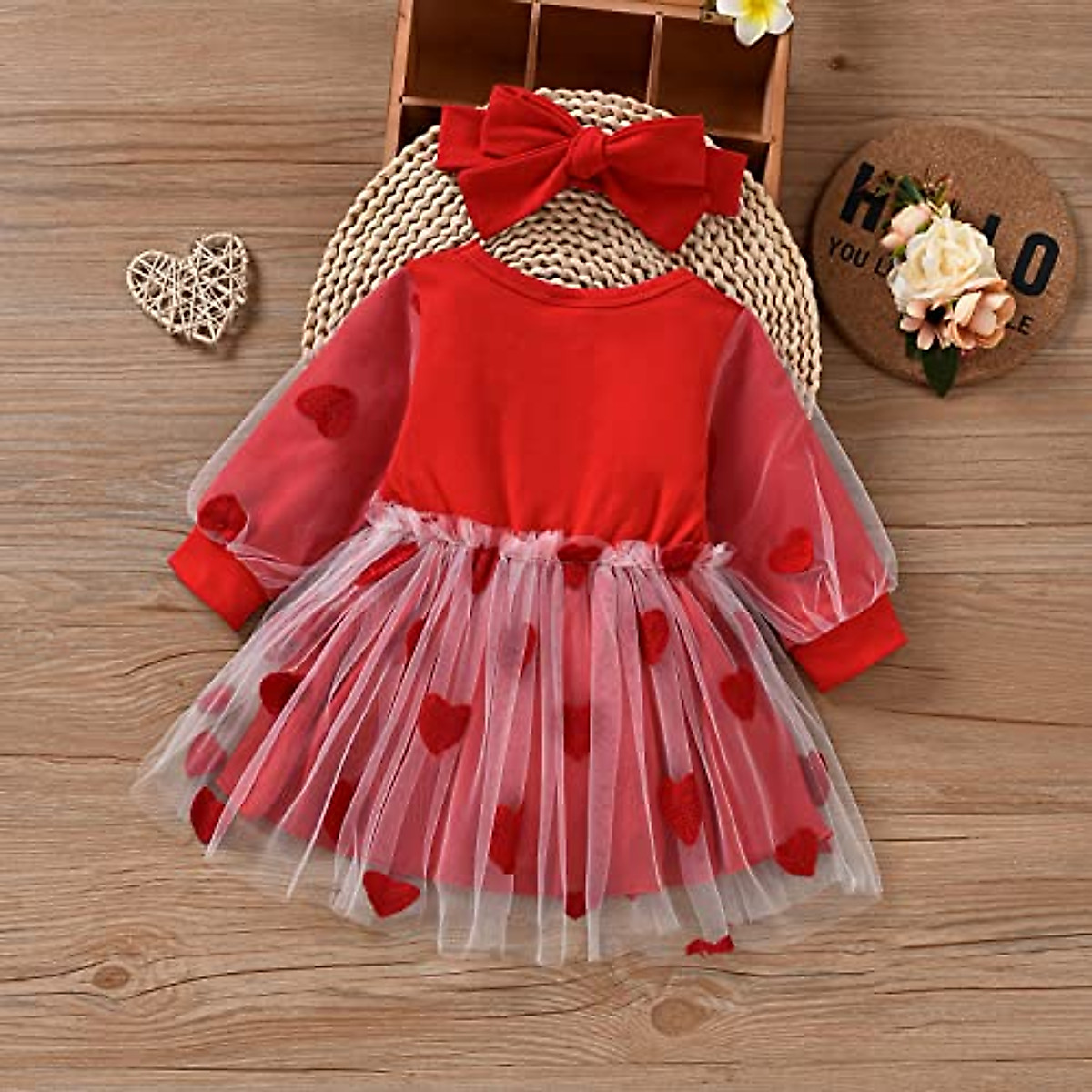 Toddler Baby Girl Valentine's Day Outfits Love Heart Print Princess Long Sleeve Ruffles Skirt Tutu Dress