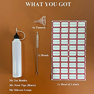 XIAONAN 30pcs 2oz(60ml) Precision Tip Applicator Bottle Needle Tip Squeeze Bottle for Painting Craft and Glue/Ink/Oil Projects with 6 Funnels, 1 Brush, 1 Label