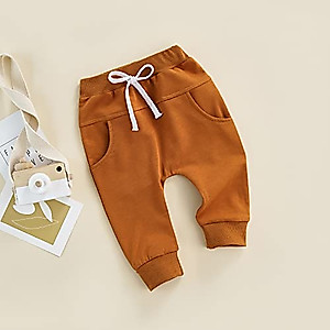 WALLARENEAR Baby Boys Girls Pants Plain Baby Joggers Elastic Waist Casual Trousers Toddler Sweatpants with Pockets (Brown, 0-6 Months)