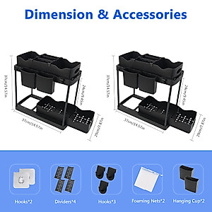 Dynoar 2 Pack Double Sliding Under Sink Organizers and Storage, 2-Tier Pull-Out Organizers for Kitchen Bathroom, Under Sink Organizers with Dividers Hanging Cups Hooks