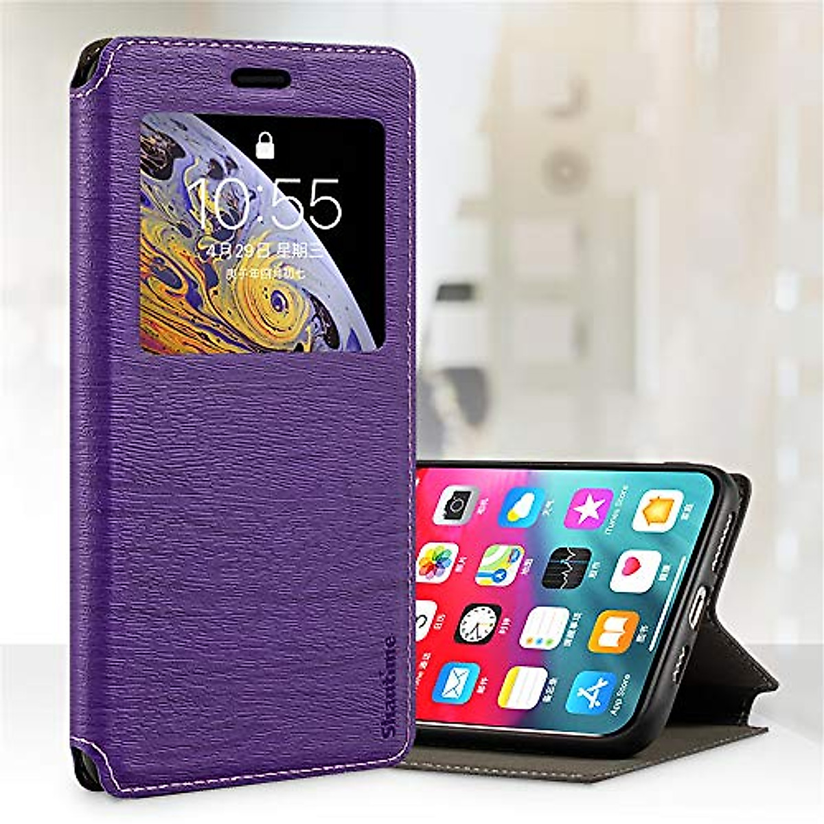 Shantime for Gigaset GX290 Pro Case, Wood Grain Leather Case with Card Holder and Window, Magnetic Flip Cover for Gigaset GX290 Pro (6.1”) Purple