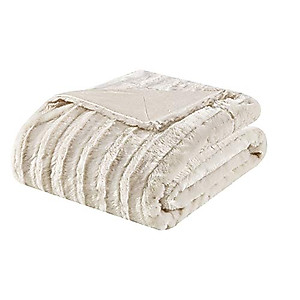 Madison Park Duke Luxury Long Faux Fur Throw Ivory 50*60 Premium Soft Cozy Brushed Long Faux Fur For Bed, Coach or Sofa