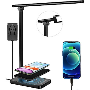 AGEARSUK LED Desk lamp, Desk Lamp with USB Charging Port for Home Office, Dimmable Desk Lamp with Wireless Charger, Eye-Caring Reading Lamps, Touch Control Study Lamps for Dorm (Adapter Included)