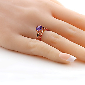 Gem Stone King 1.11 Ct Round Purple Amethyst Black Diamond 18K Rose Gold Plated Silver Ring (Size 5)