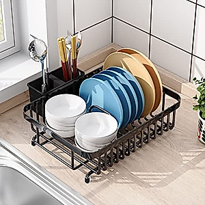 1Easylife Dish Drying Rack with Anti Rust Frame, Small Dish Drainer Rack for Kitchen Counter, Sink Dish Rack on Counter with Utensil Holder and Non-Slip Rubber Feet Rustproof for Organizer Storage