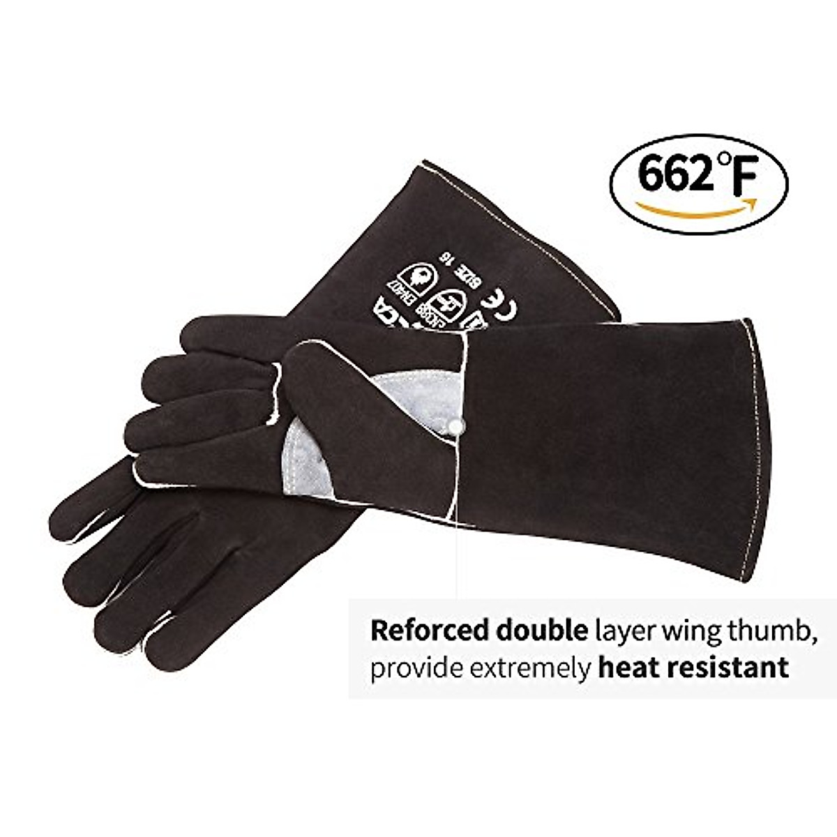 RAPICCA Welding Gloves 14 Inches,662℉,Heat Resistant Leather Forge/Mig/Stick Welding Gloves Heat/Fire Resistant, Mitts for Oven/Grill/Fireplace/Furnace/Stove/Pot Holder/BBQ/Animal Handling-Black