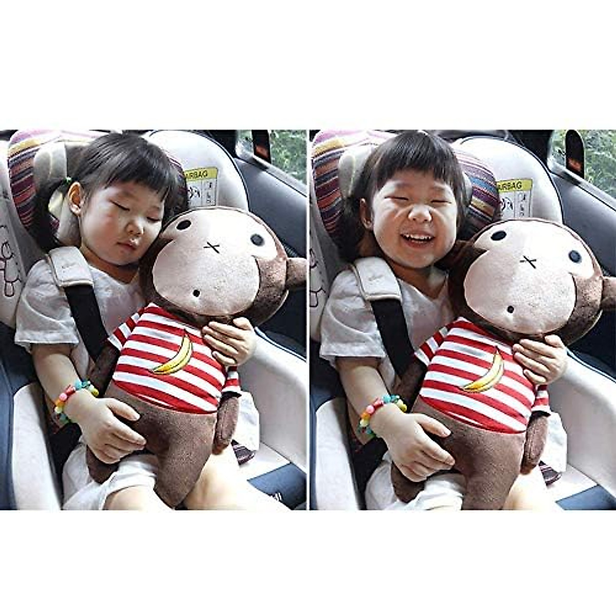 Apomelo Monkey Car Seat Belt Pillow for Head Support Adjustable Seat Strap Shoulder Pads,Neck Support Pillow for Travel Seatbelt Buddy, Banana Monkey