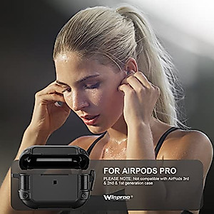Winproo Armor Airpods Pro Case Cover with Lock Clip, Military Hard Shell Full-Body Shockproof Protective Case Skin with Keychain for Airpods Pro [Black]