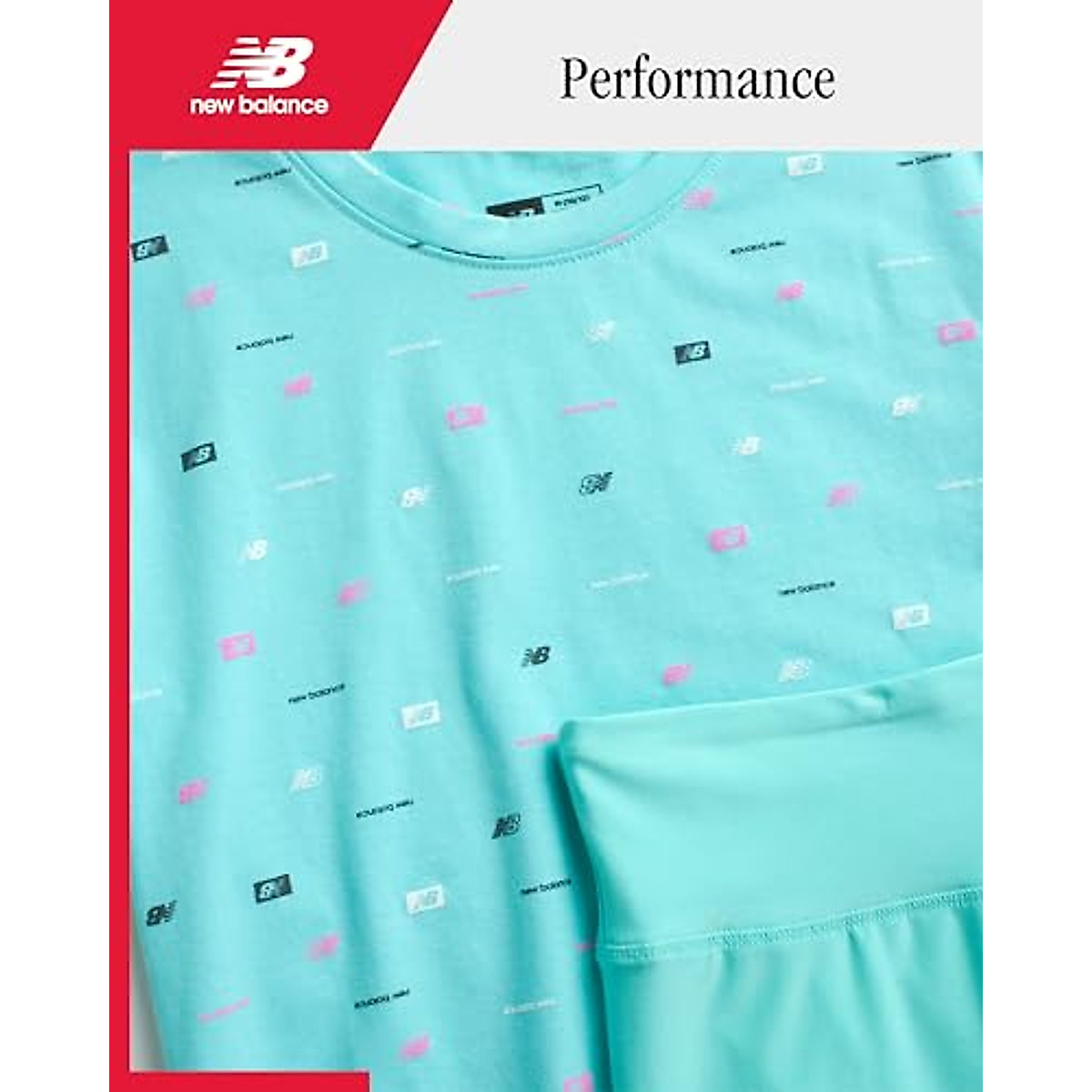 New Balance Girls' Legging Set - 4 Piece Short Sleeve T-Shirt and Leggings Set (7-16), Size 10-12, Surf/White/Grey