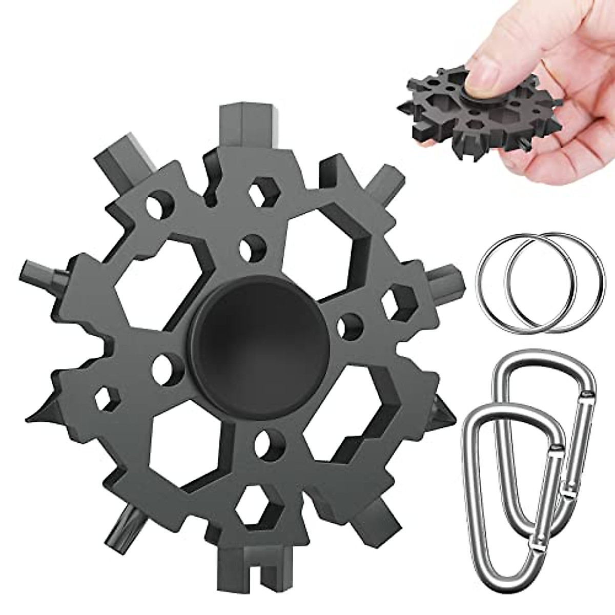 23-in-1 Snowflake Multitool, Roylvan Stainless Steel Snowflake Multi Tool Gadgets Flat Cross Screwdriver Kit Portable Outdoor Camping Bottle Opener Wrench with 2pcs Carabiners, Black