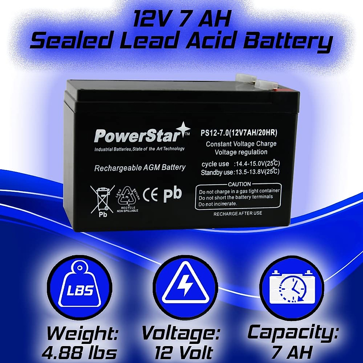 PowerStar PS12-7 12V 7Ah Rechargeable Maintenance Free SLA/AGM Backup Battery for SEC1075