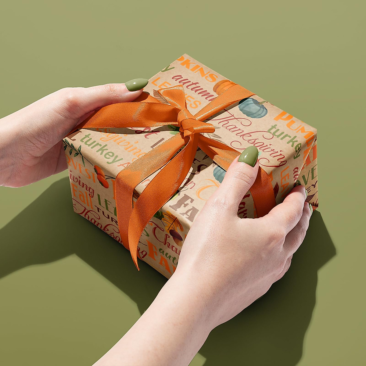 WRAPAHOLIC Kraft Fall Wrapping Paper - Mini Roll - 3 Rolls - 17 Inch x 120 Inch - Pumpkin, Hedgehog and Thanksgiving Lettering Design for Thanksgiving, Autumn, Party, Holiday