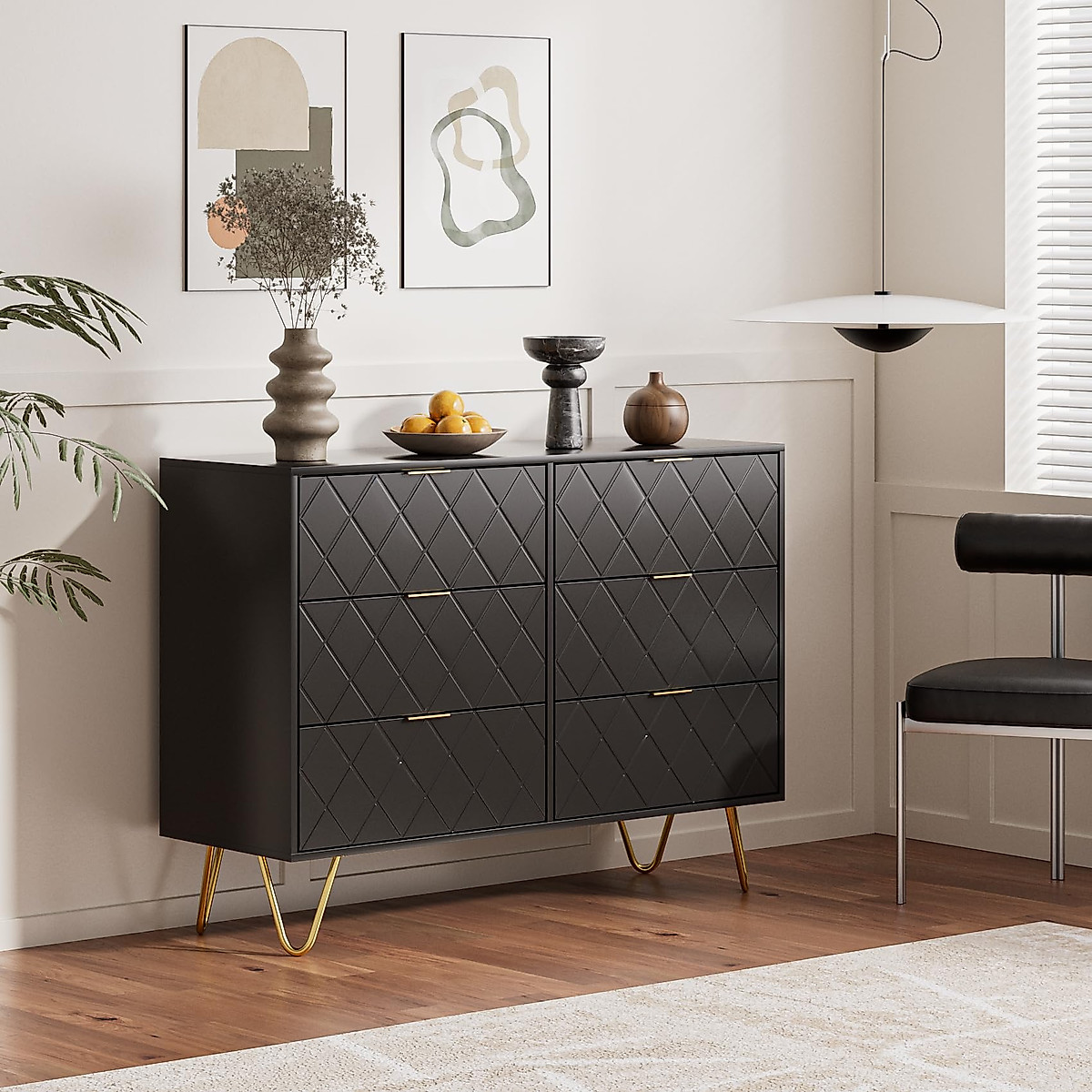 Aobafuir 6 Drawer Dresser, Drawer Chest, Tall Storage Dresser Chest Cabinet Organizer Unit with Metal Legs, Big Dresser for Bedroom, Living Room, Closet, Hallway Black Diamond