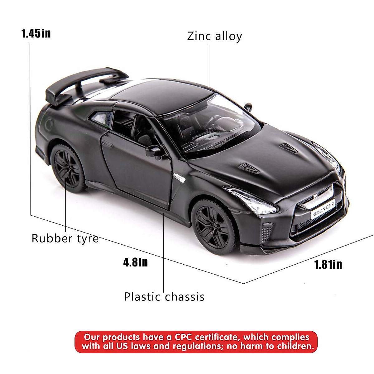BDTCTK 1/36 Scale GTR R35 Supercar Model Toy Zinc Alloy Die-Cast Pull Back Vehicles Kid Toys for 4 5 6 Years Old Boy Girl Gift (Black)