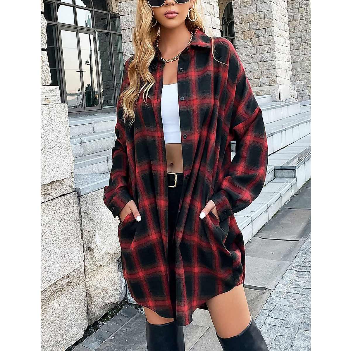 HangNiFang Long Flannel Shirts for Women Button Down Plaid Shirts Dresses Pocketed(0652-Red-XXL)